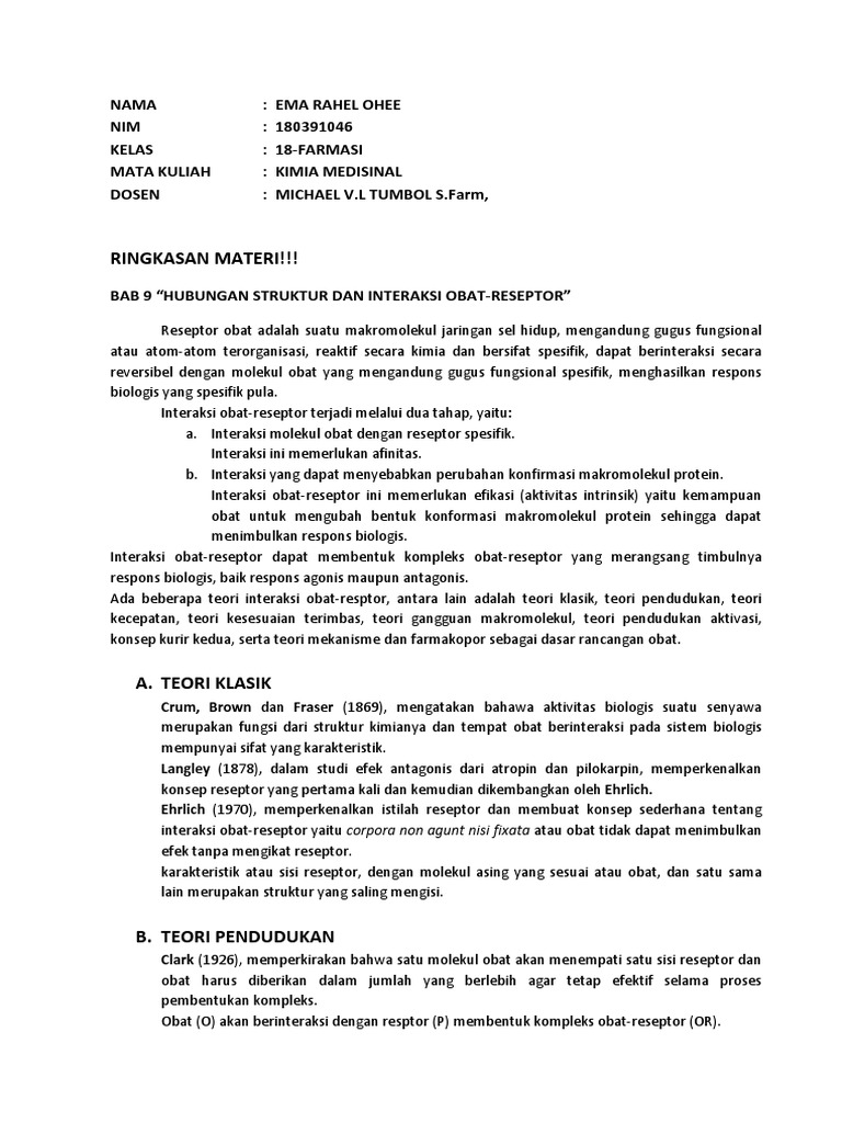 Ringkasan Materi Kimia Medisinal (Ema Rahel Ohee 180391046) PDF | PDF