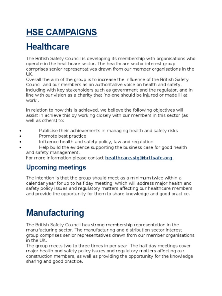 Hse Campaigns Healthcare: Upcoming Meetings | PDF | Occupational Safety ...