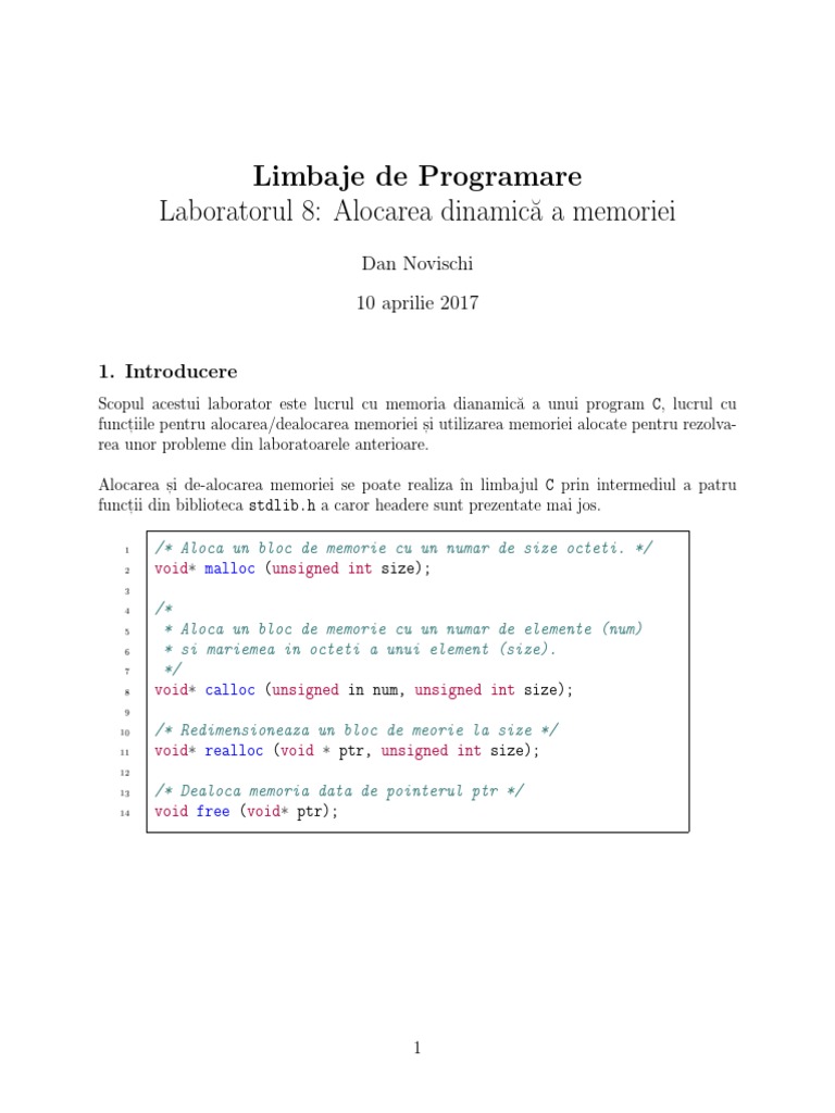 Limbaje de Programare Laboratorul 8: Alocarea Dinamic A A Memoriei | PDF | Mathematical Concepts ...