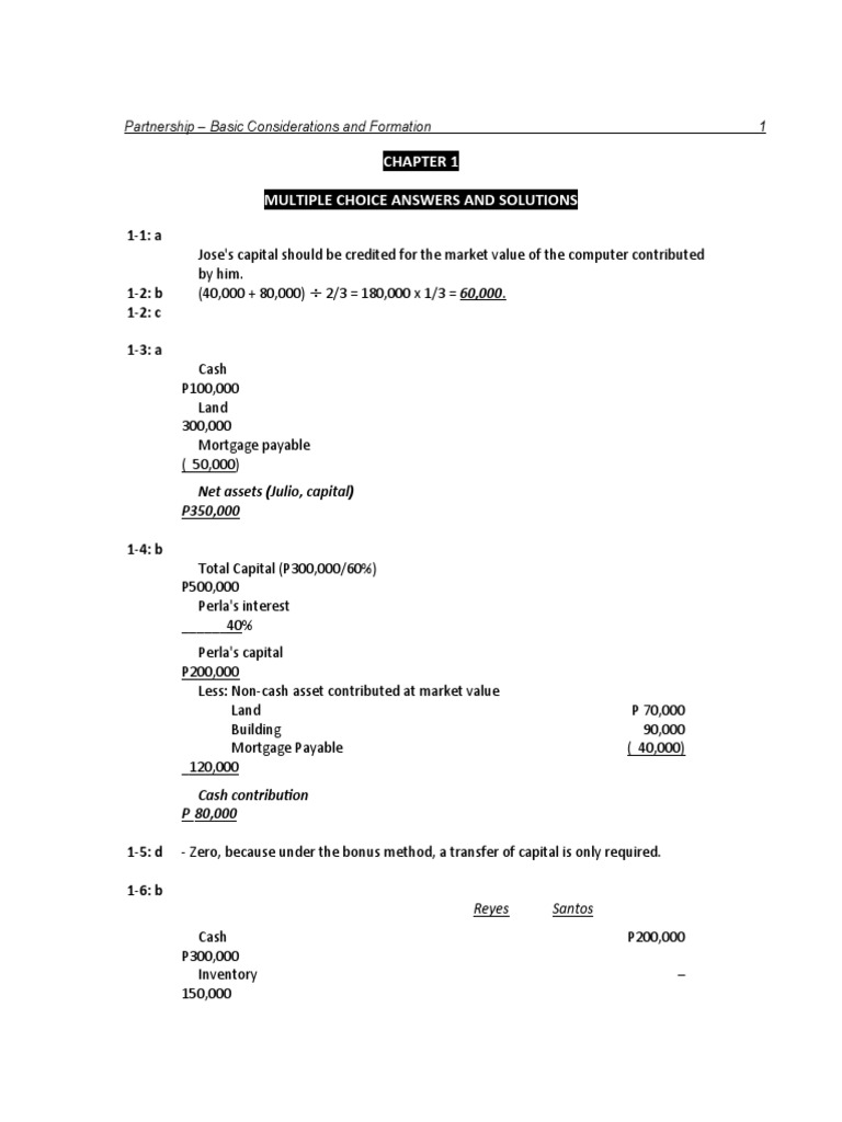 CHAPTER 1 - Partnership - Basic Considerations and Formation | PDF | Balance Sheet | Goodwill ...