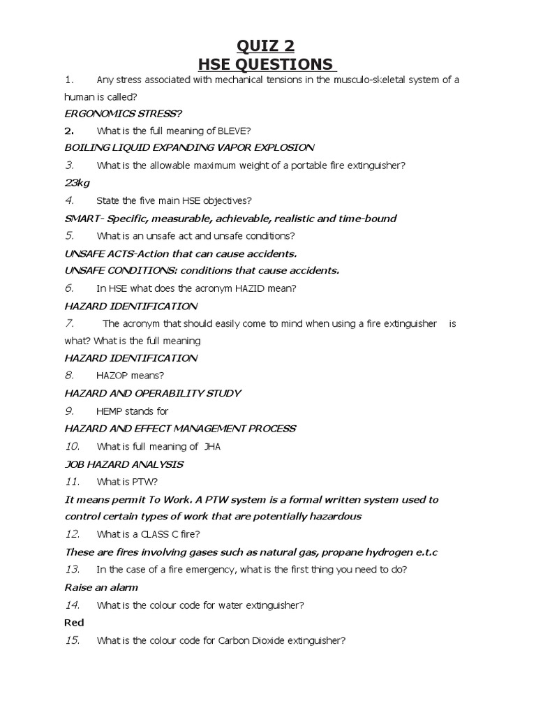 HSE Quiz Questions on Ergonomics, BLEVE, Fire Extinguishers | PDF