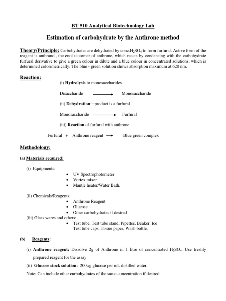 Carbohydrate Estimation via Anthrone Method | PDF | Carbohydrates | Glucose