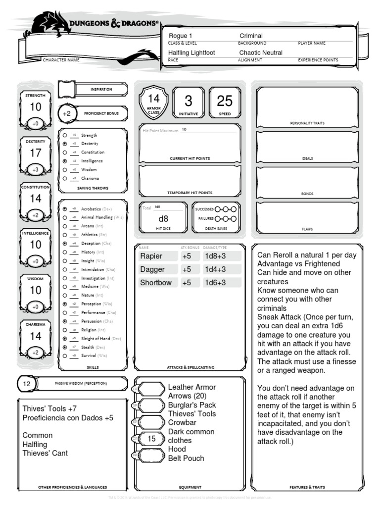 Rogue 1 Criminal Halfling Lightfoot Chaotic Neutral: Shortbow +5 1d6+3 ...