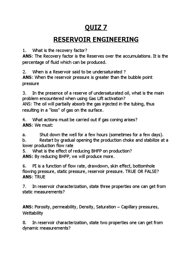 Quiz 7 Reservoir Engineering | PDF | Petroleum Reservoir | Permeability (Earth Sciences)