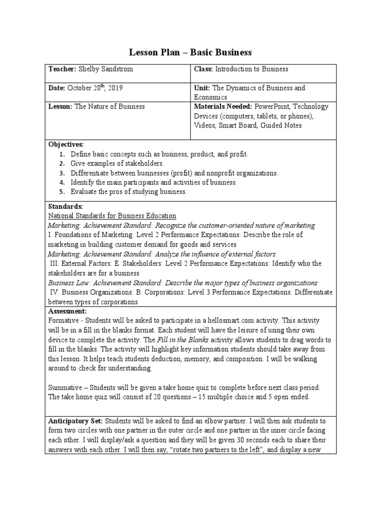 Intro to Business Lesson Plan | PDF | Lesson Plan | Marketing