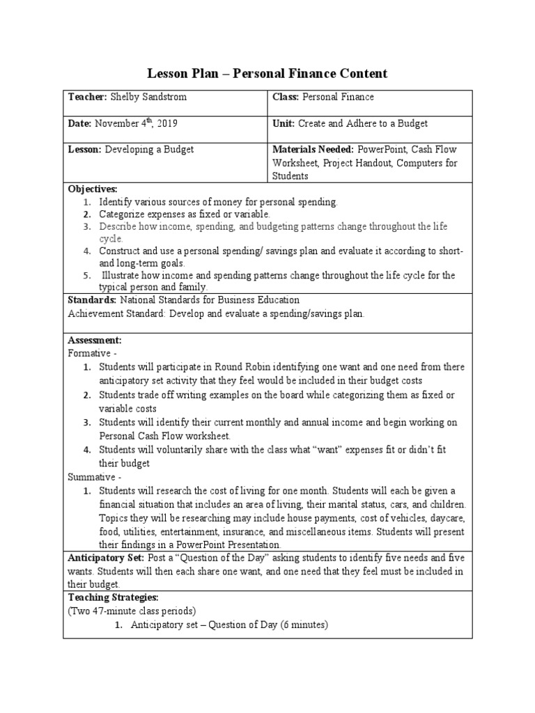 Personal Finance Lesson Plan | PDF | Education Theory | Learning