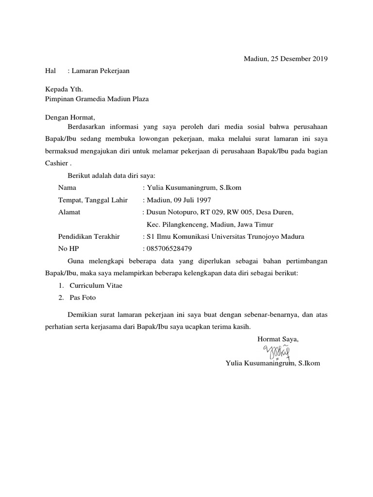 Lamaran Kerja - Yulia Kusumaningrum | PDF