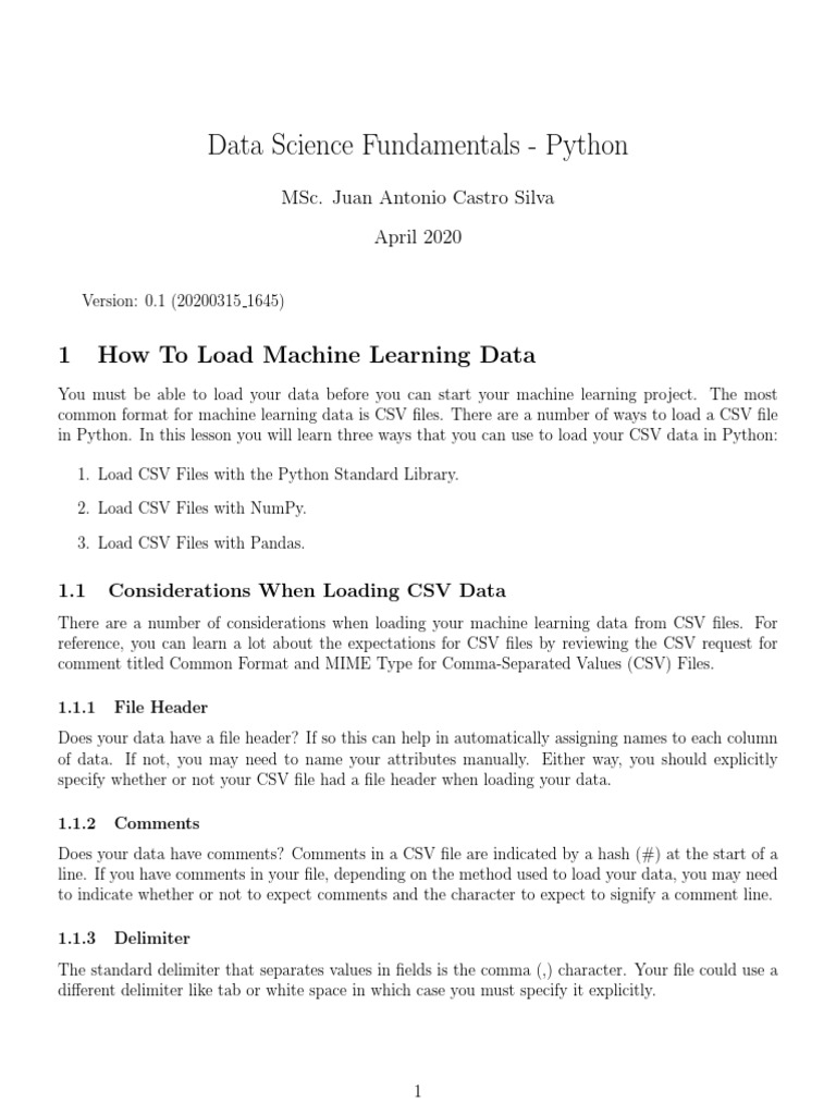 Data Science Fundamentals Python 1 How To Load Machine Learning Data Pdf Comma Separated