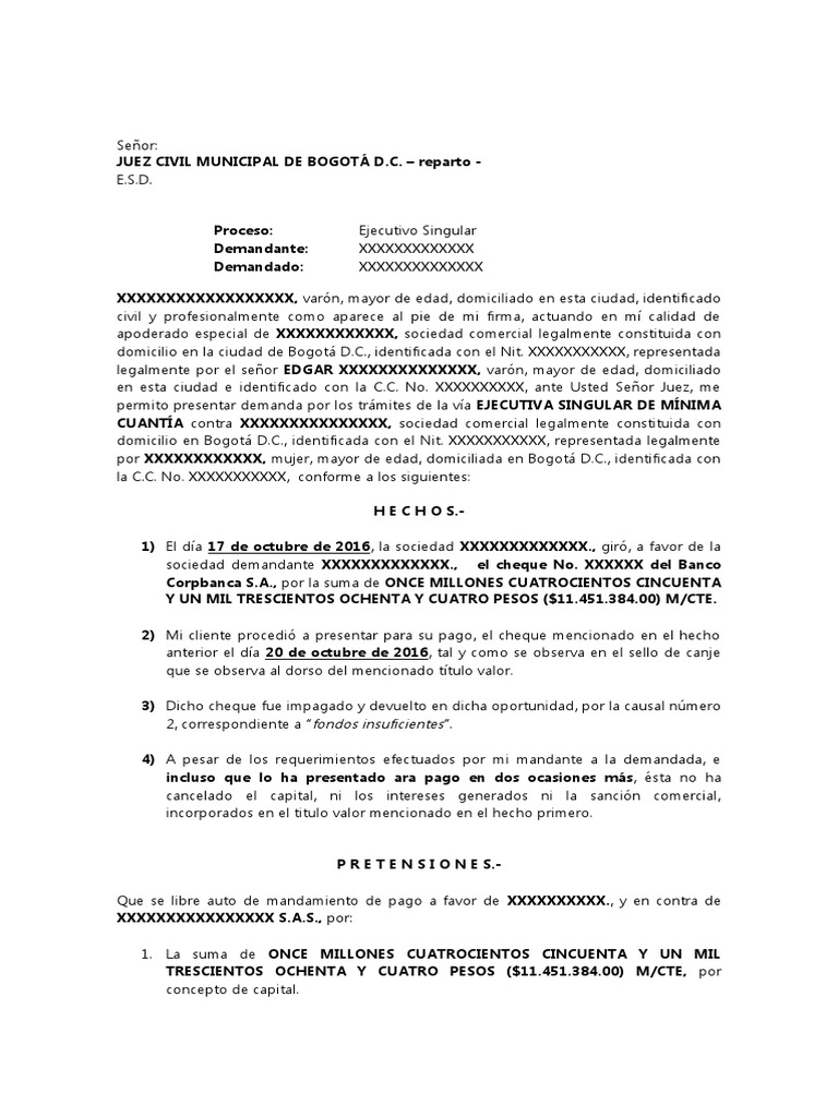 Modelo Demanda Ejecutiva Singular - Cheque | PDF | Cheque | Bancos