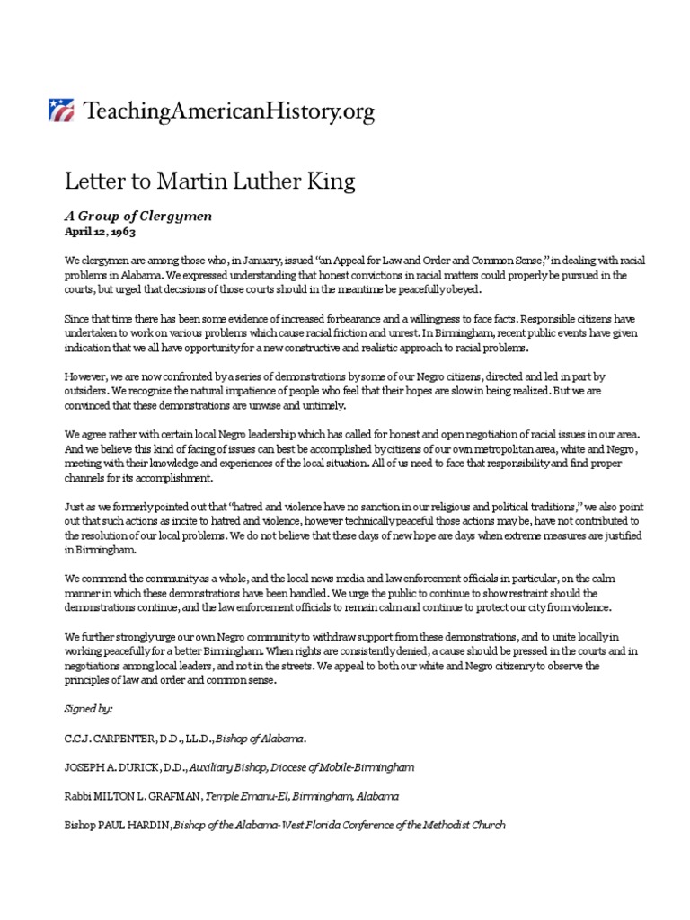 Letter To MLK Homework Assignment | Download Free PDF | Martin Luther ...