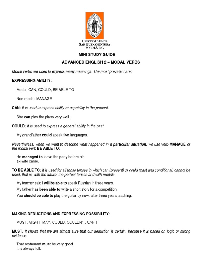 Mini Study Guide Advanced English 2 - Modal Verbs | PDF | Grammatical ...