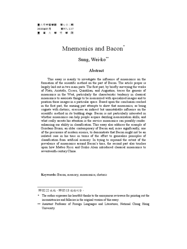 Mnemonics and Bacon - Sung, Wei-Ko | PDF | Homer | Rhetoric