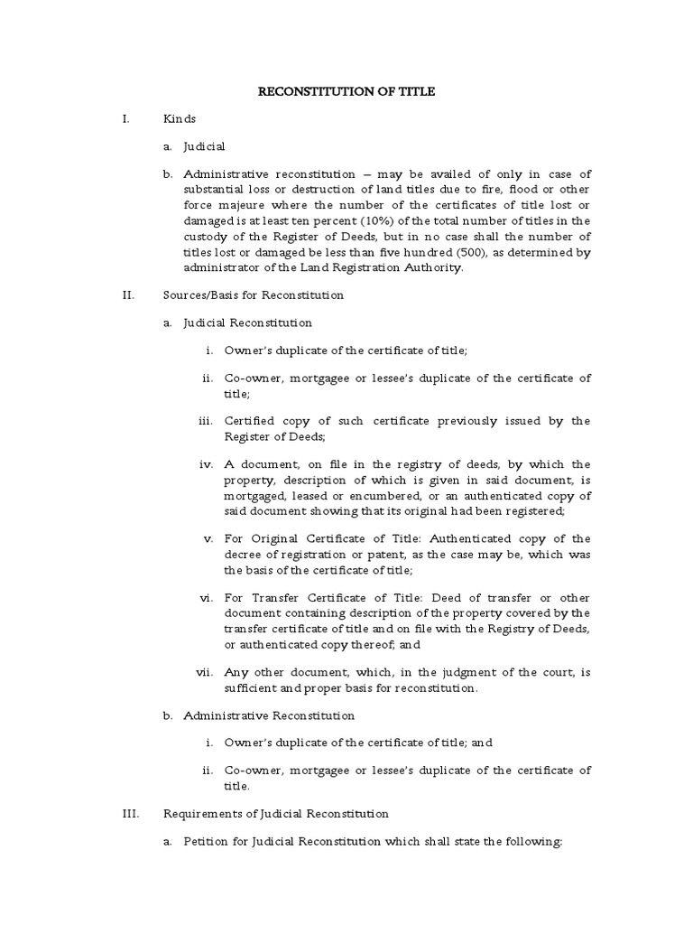 Outline For Reconstitution of Title | PDF | Title (Property) | Deed
