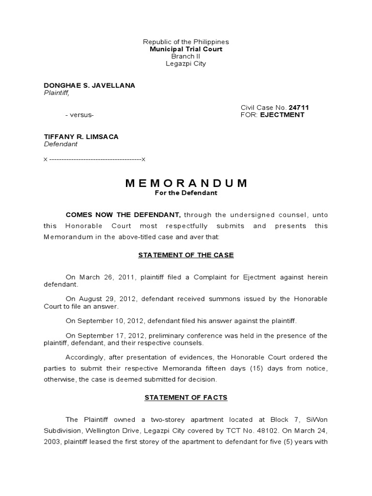 Trial - Memorandum - Sample 005 | PDF | Complaint | Pleading