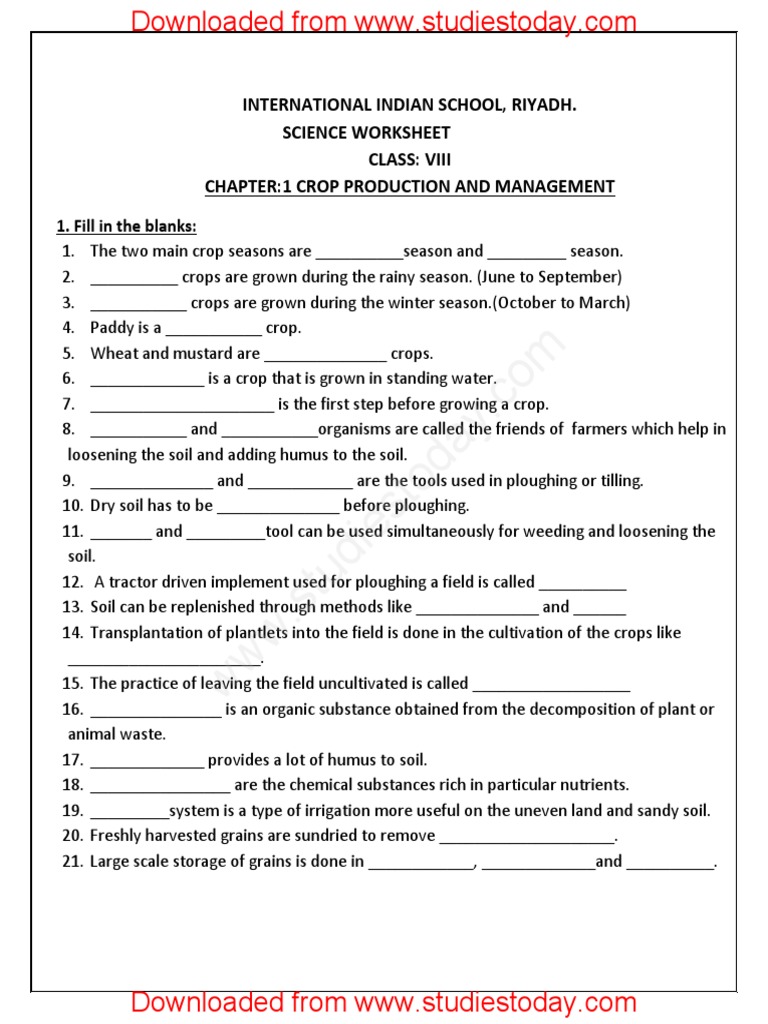Class 8 Crop Production Worksheet | PDF | Combustion | Fuels