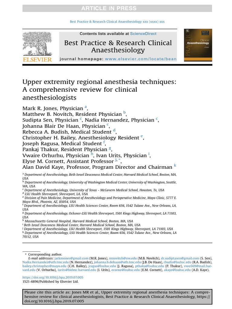 Upper Extremity Regional Anesthesia Techniques A Comprehensive Review ...