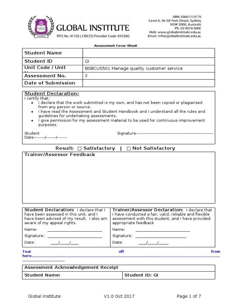 Student Name Student ID Unit Code / Unit Name Assessment No. Date of Submission Student ...