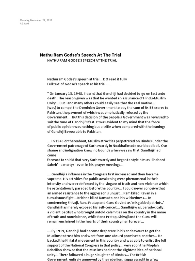 Nathu Ram Godse's Speech at The Trial | PDF | Mahatma Gandhi | All ...