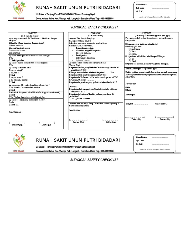 Surgical Safety Checklist Gigi | PDF