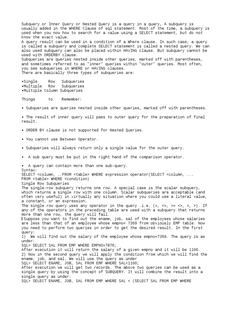 Subquerylist | Download Free PDF | Sql | Software Engineering