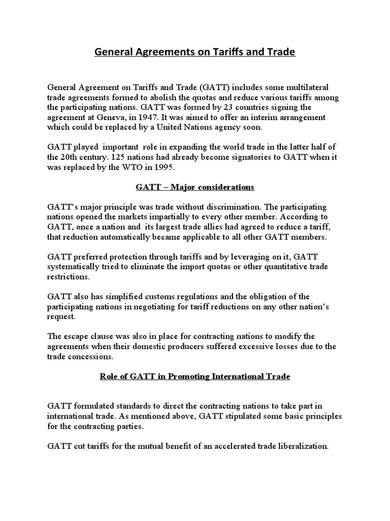 General Agreements On Tariffs and Trade: GATT - Major Considerations | PDF