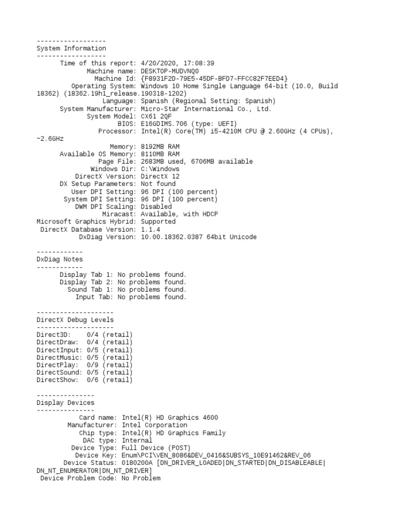 DX Diag | PDF | Device Driver | Operating System Technology