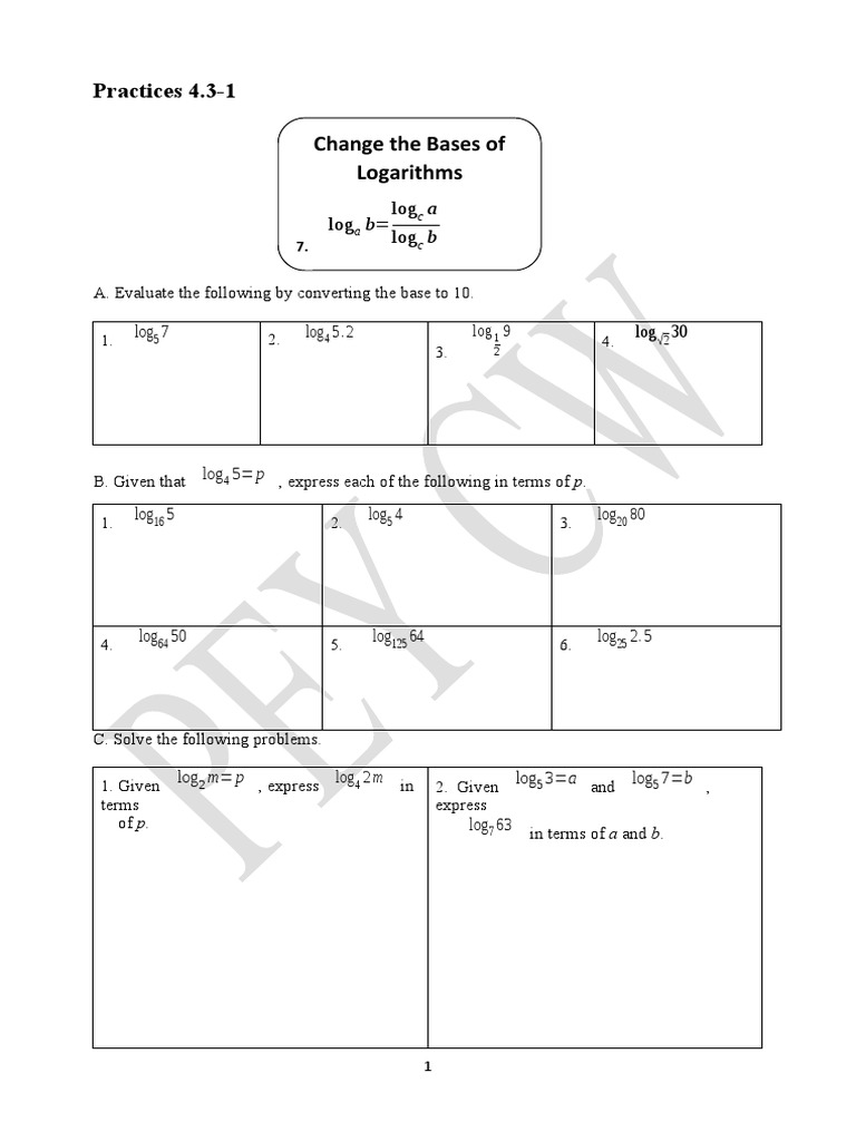 4.3 Law of Log Practices 2 (Change Base) | PDF | Logarithm | Number Theory