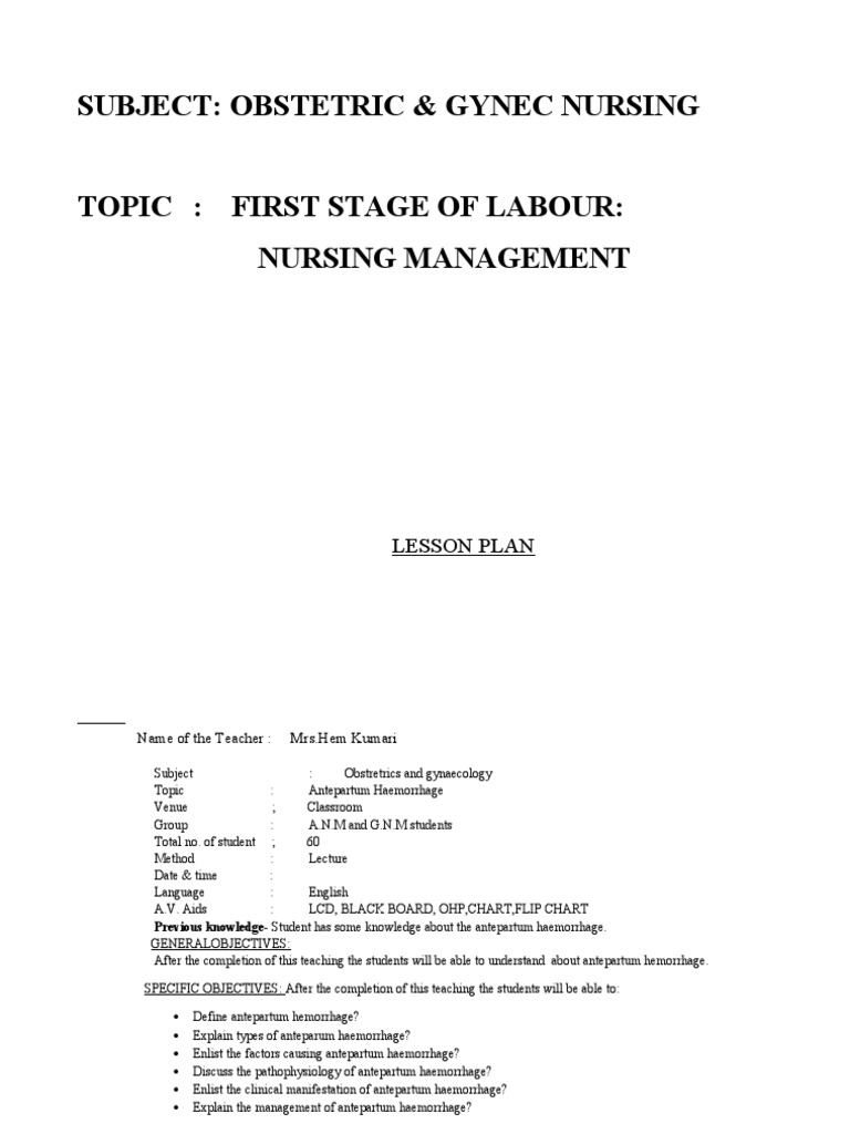 First Stage of Labour Lesson Plan | PDF | Childbirth | Public Health