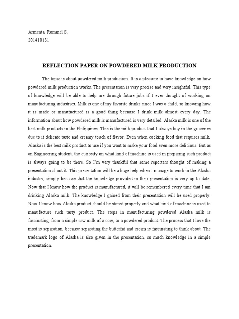 Reflection Paper On Powdered Milk Production | PDF | Plastic | Liquids