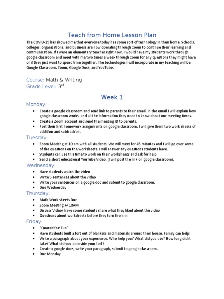 Teach From Home Lesson Plan | PDF | Lesson Plan | Classroom