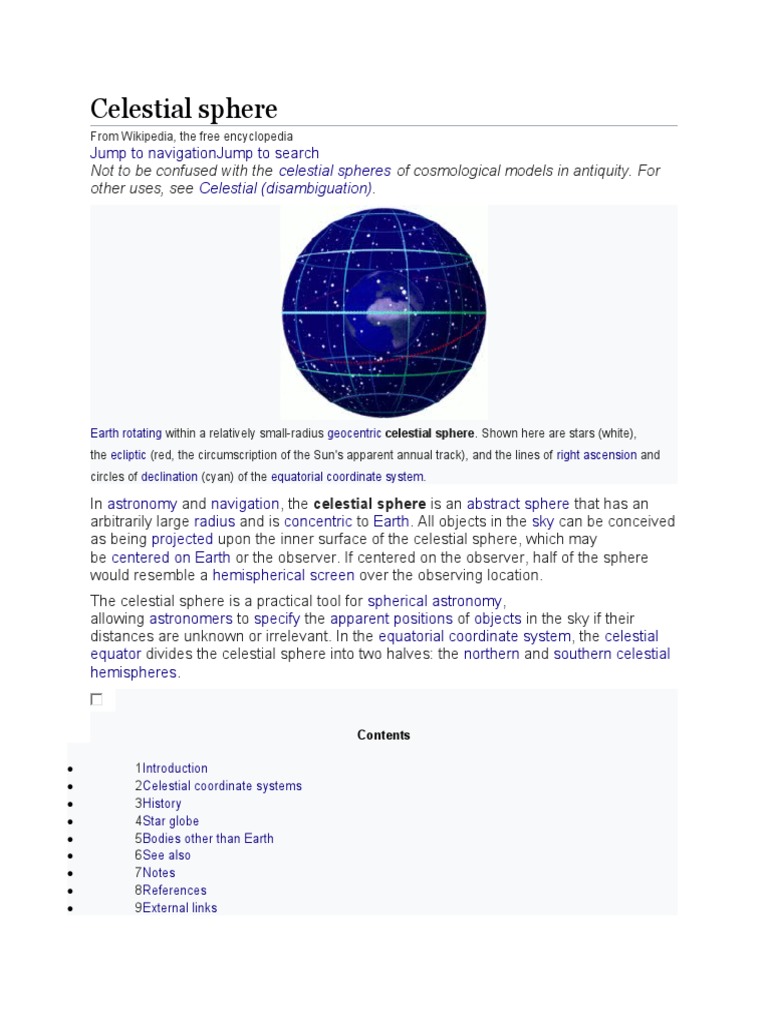 Celestial Sphere: Not To Be Confused With The of Cosmological Models in ...