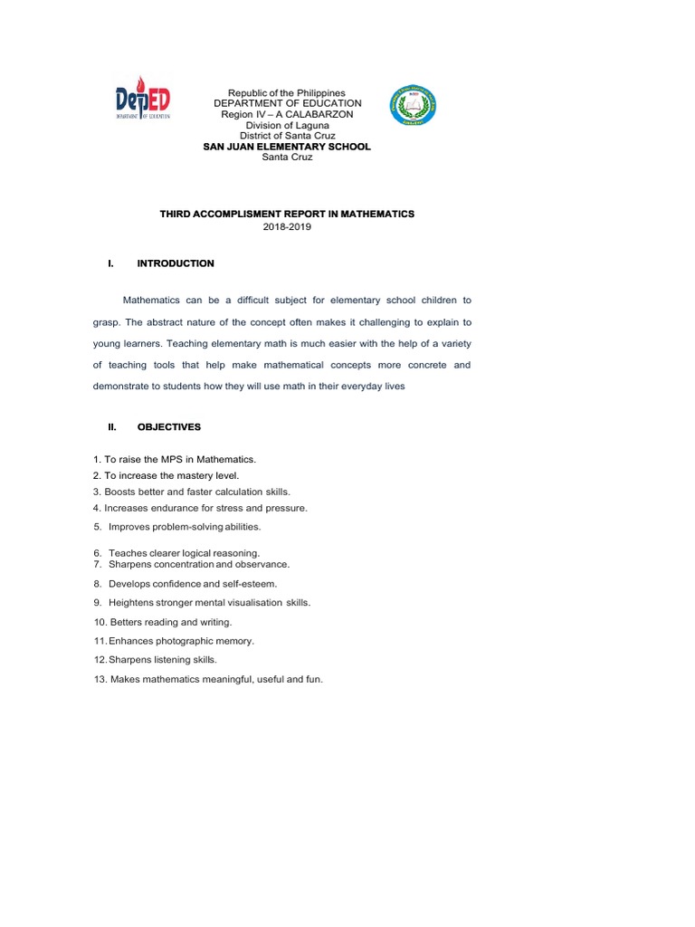 SJES-Mathematics Accomplishment Report 2018 PDF | PDF | Teaching ...