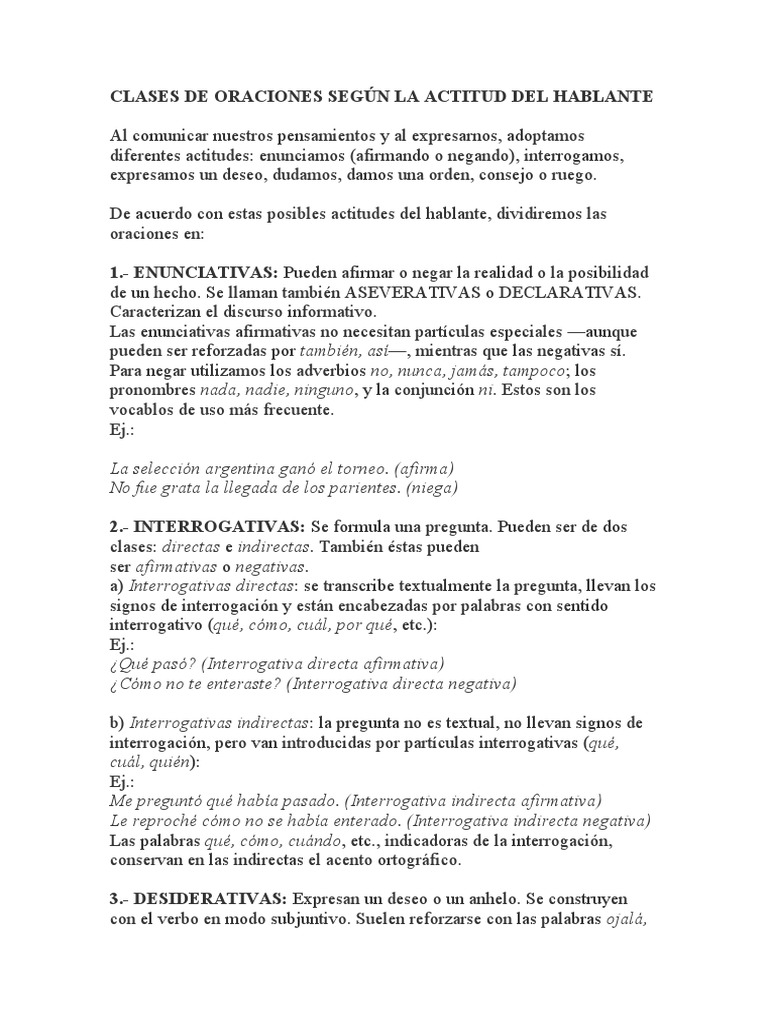 Clases de Oraciones Según La Actitud Del Hablante | PDF | Morfología ...