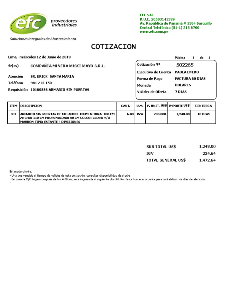 Cotizacion: Compañía Minera Miski Mayo S.R.L | PDF | Business