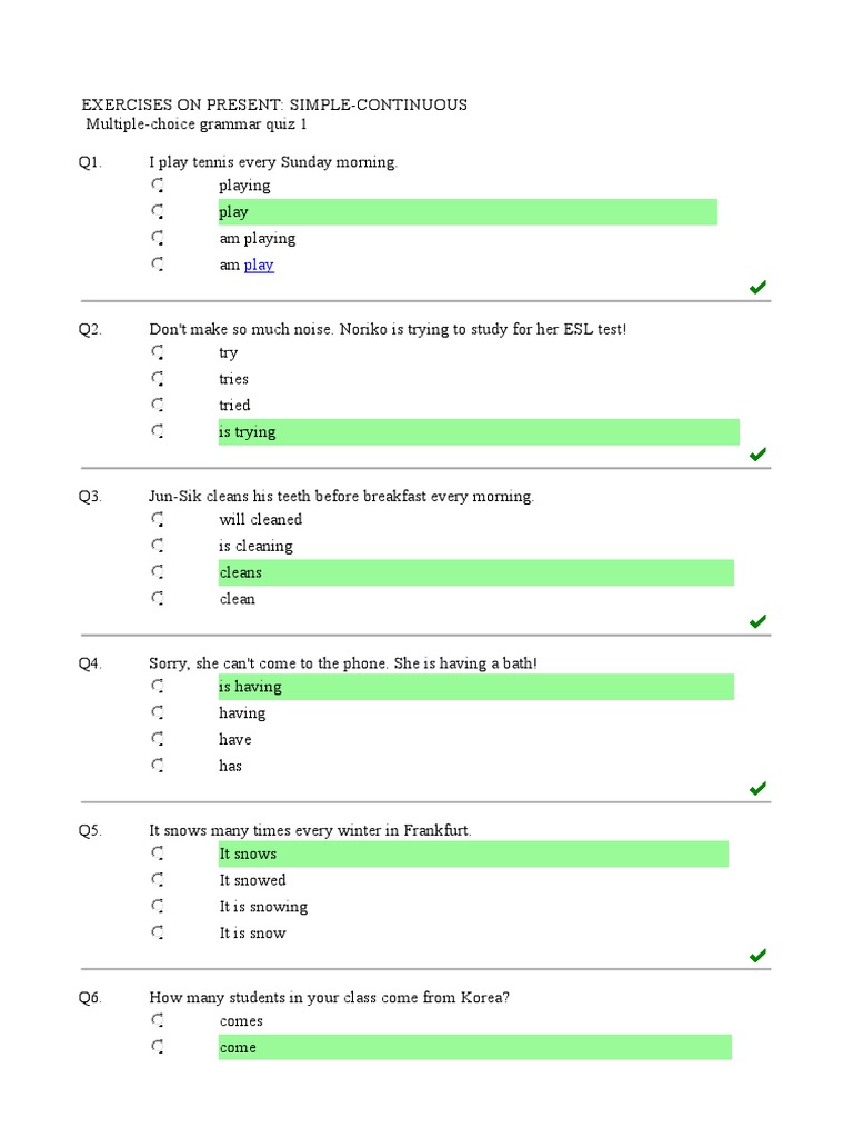 Exercises On Present Simple - Continuous | PDF
