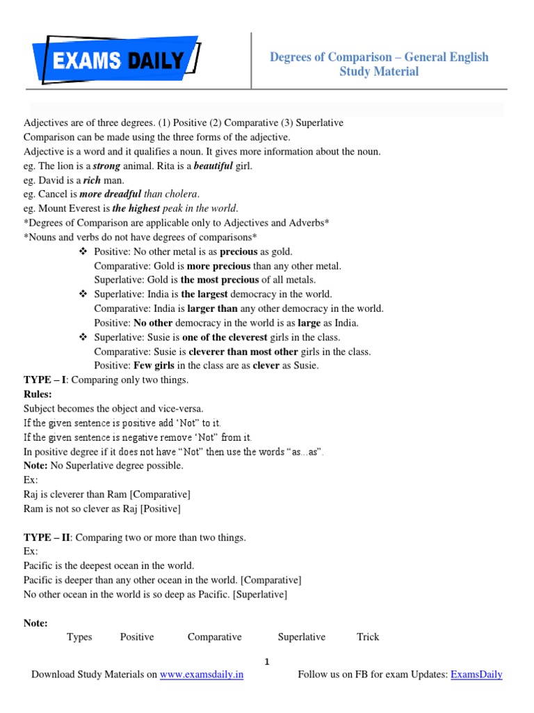 Degrees of Comparison - General English Study Material: TYPE - I ...