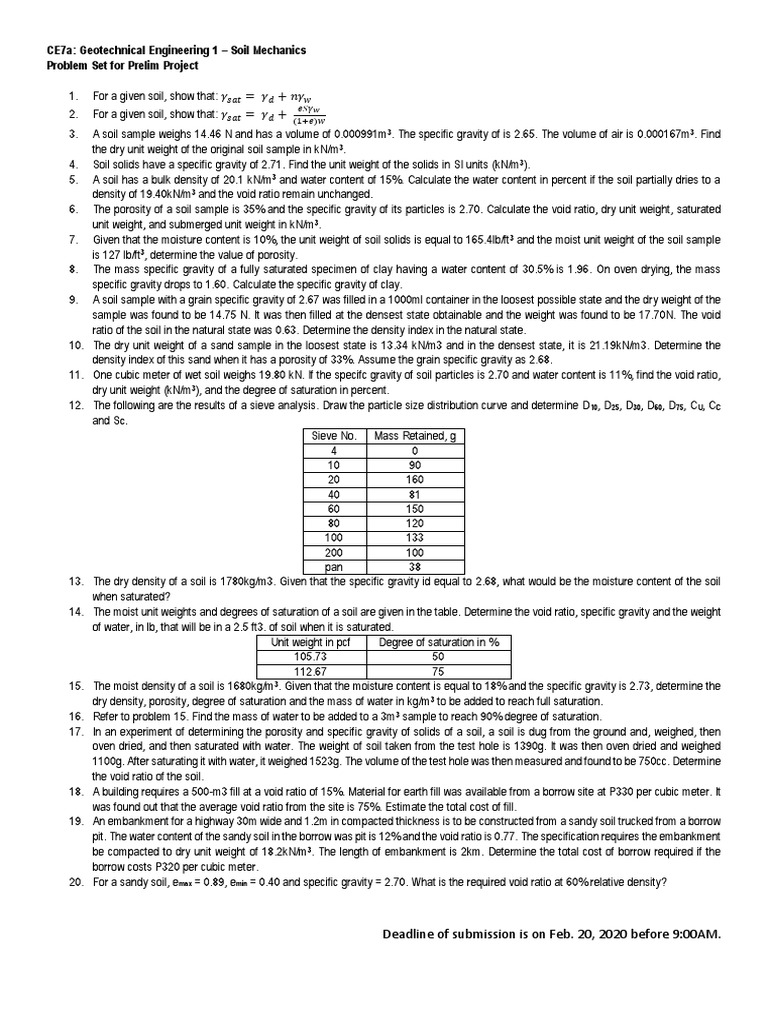 CE7a: Geotechnical Engineering 1 - Soil Mechanics Problem Set For ...