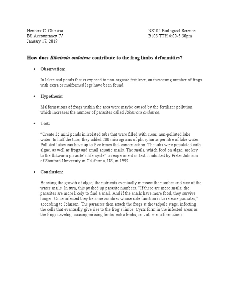 Ribeiroia Ondatrae Contribute To The Frog Limbs Deformities? | PDF