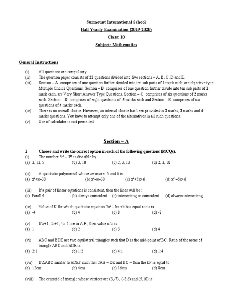 Surmount International School Half Yearly Examination (2019-2020) Class ...