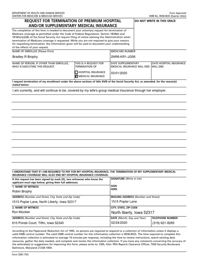CMS 1763 Request For Termination of Supplementary Medical Insurance PDF ...