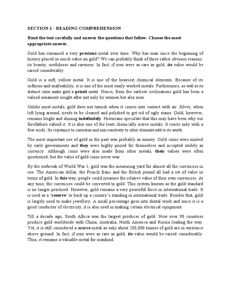 Section 1 - Reading Comprehension Read The Text Carefully and Answer ...