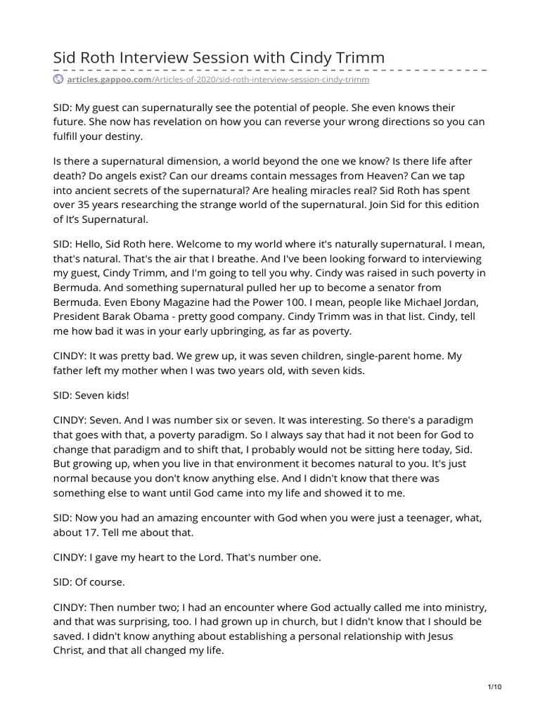 Sid Roth Interview Session With Cindy Trimm | PDF | Revelation | Glory ...
