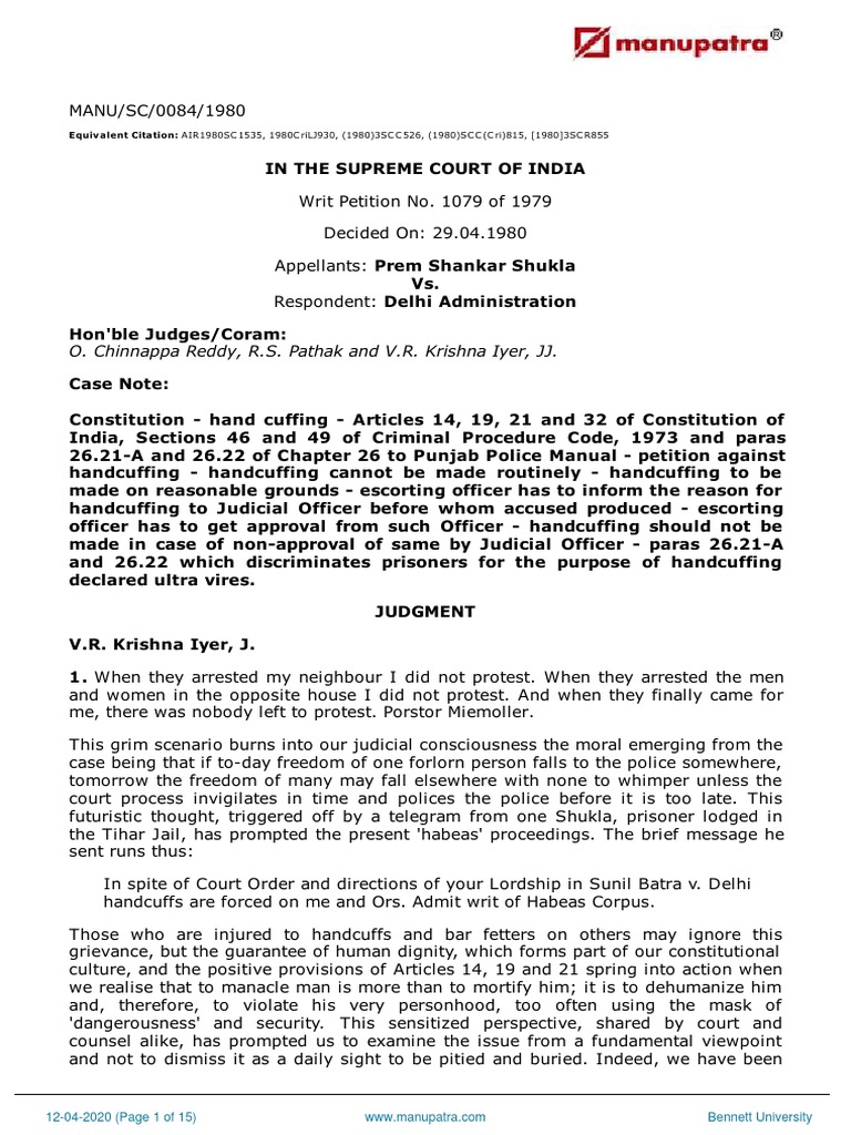 Prem Shankar Shukla v. Delhi Admin. | PDF | Handcuffs | Arrest