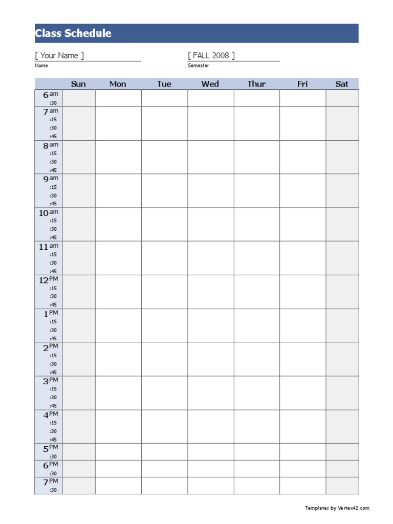 Class Schedule: Sun Mon Tue Wed Thur Fri Sat 6 7 | PDF