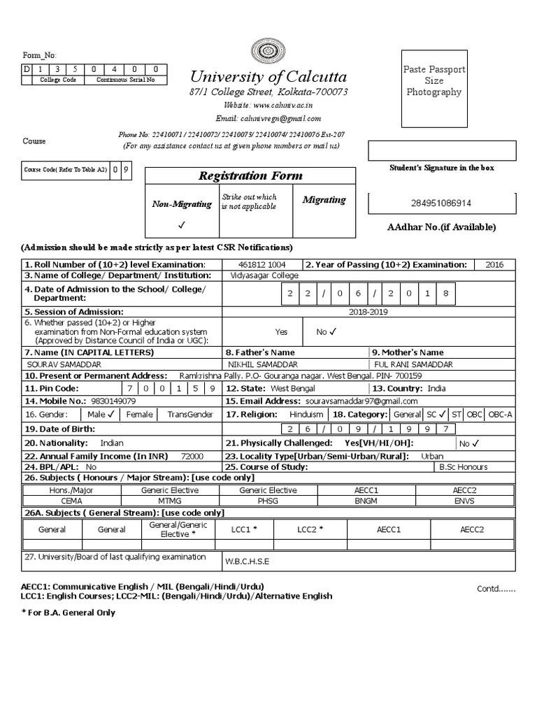 University of Calcutta: Registration Form | PDF