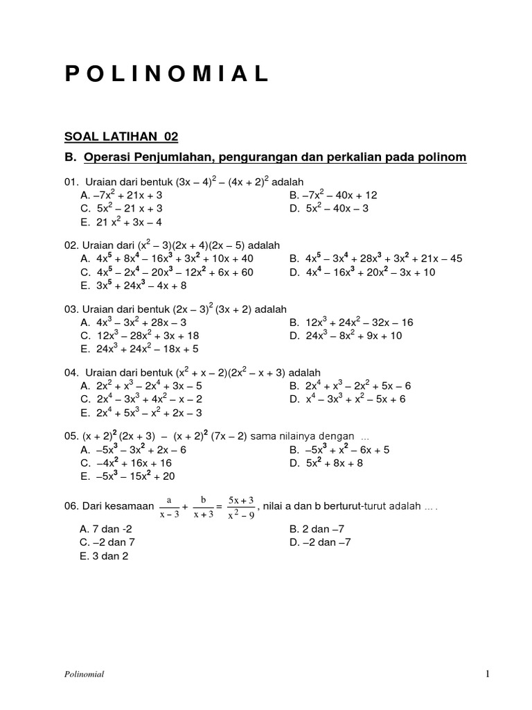 Latihan Operasi Penjumlahan, Pengurangan, Dan Perkalian Pada Polinomial ...