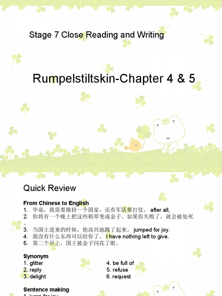 Rumpelstiltskin-Chapter 4 & 5: Stage 7 Close Reading and Writing | PDF