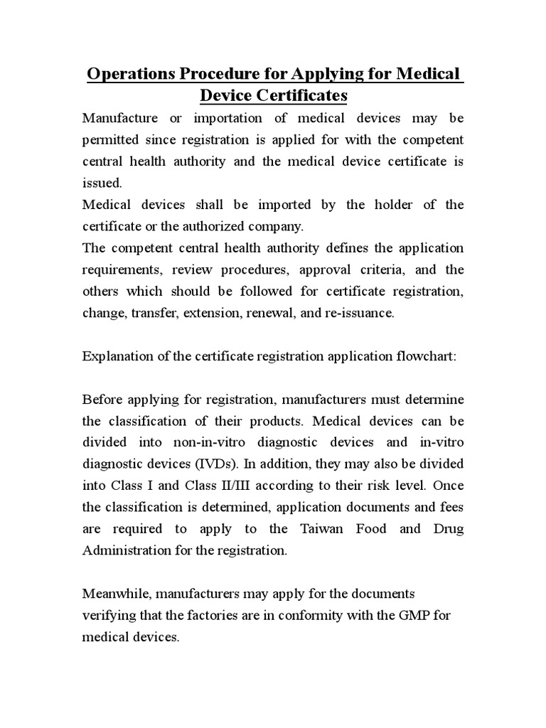 Operations Procedure For Applying For Medical Device Certificates | PDF