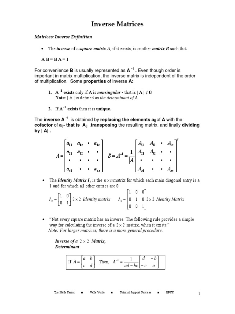 Matrices: Inverse Definition | PDF | Matrix (Mathematics ...
