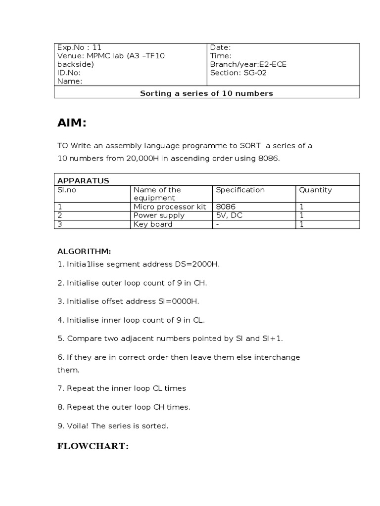 Sort 10 numbers using 8086 assembly language | PDF